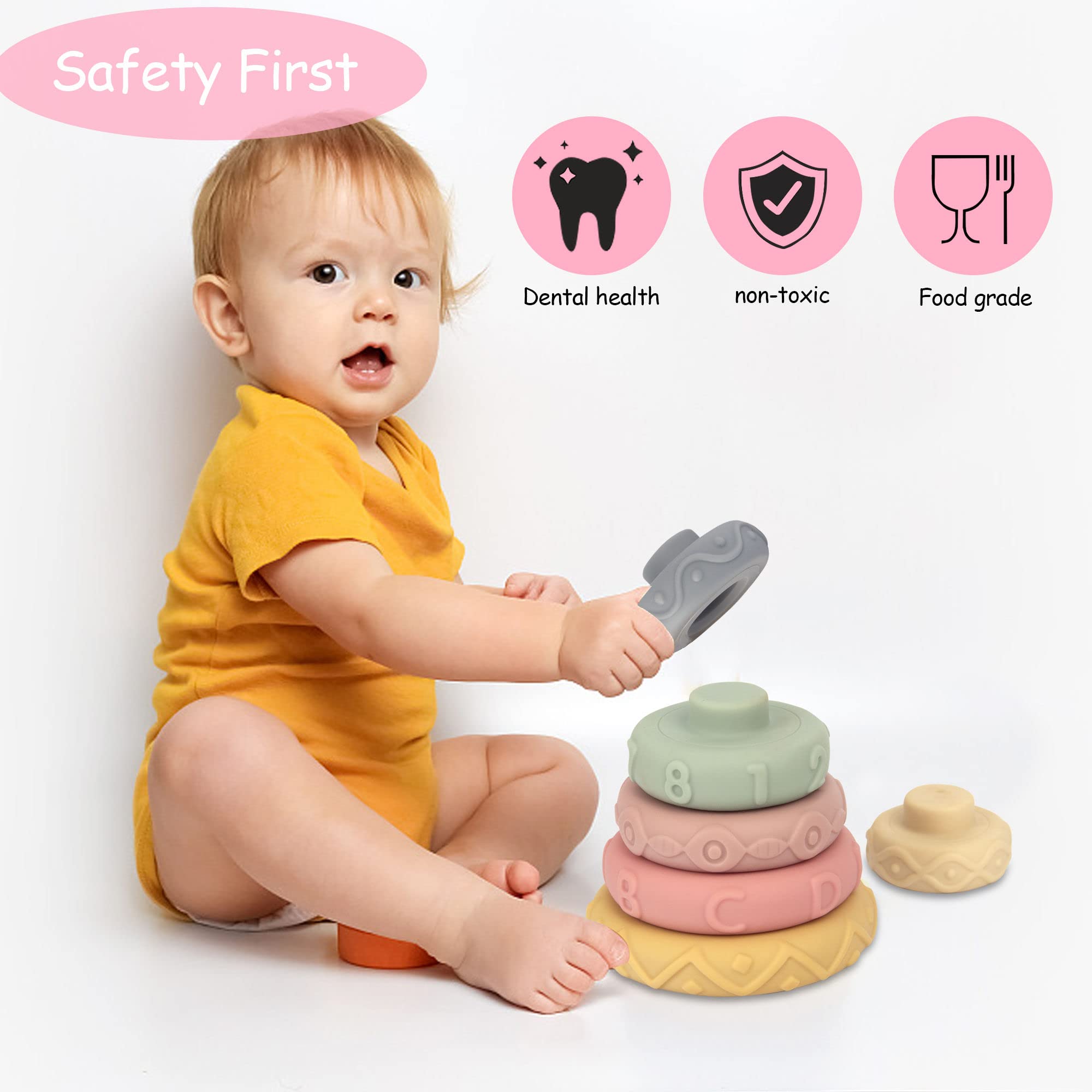 8PCS Montessori Toys for Babies,Teething Toys for Babies 0-6 Months 6-12 Months, Early Educational Learning Stacking Tower, Sensory Toys for Toddlers 1-3, Soft Rings Stacker & Teethers(mushroom)