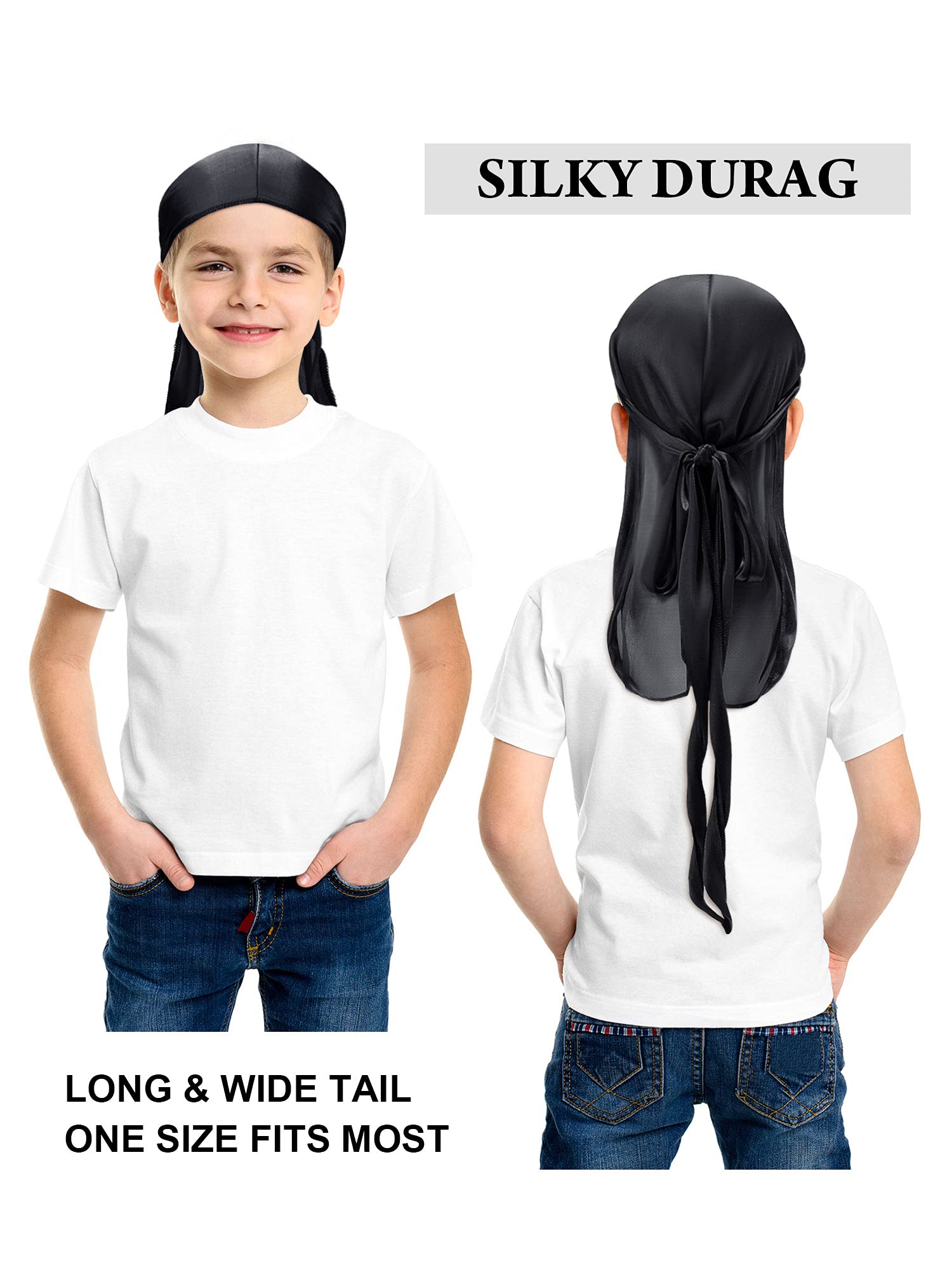 4 Pieces Kids Silky Durag with Wave Caps Set Unisex Baby Durags Long Tail and Wide Strap Headwraps Turban Beanies (Black, Navy Blue)
