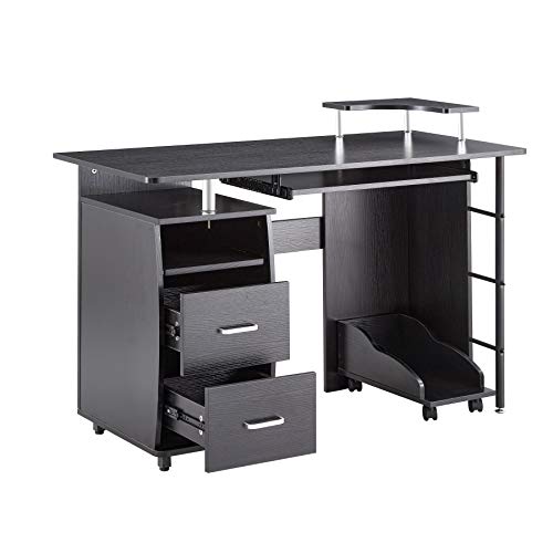 LXBB Home Office Computer Desk with Drawers and Pull-Out Keyboard Tray,Multi-Functions Desk with Pedestal,Study Writing Desk,Computer Workstation,Black
