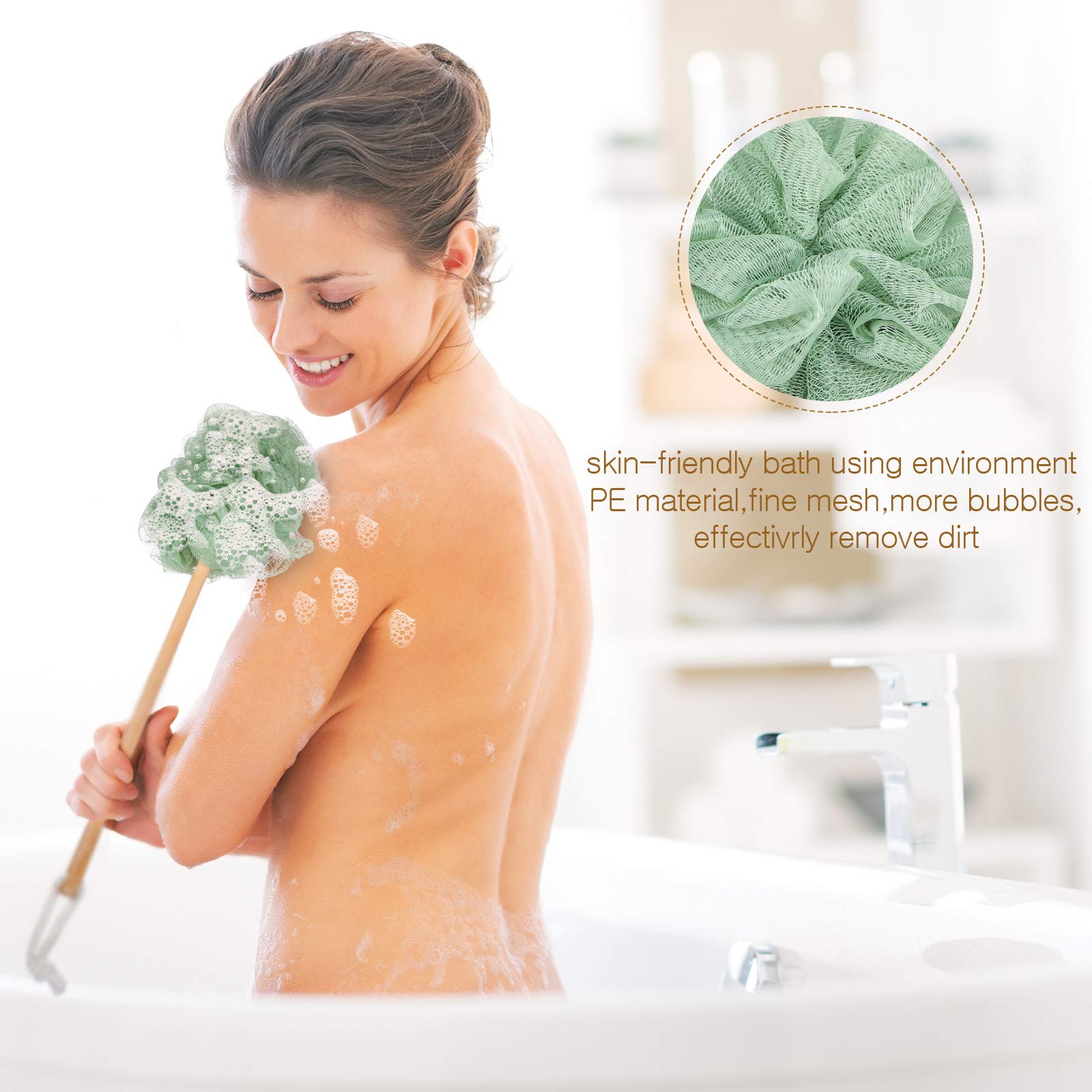 4 Pieces Loofah Back Scrubber Bath Sponge with Wooden Handle Long Handle Sponge Mesh on a Stick for Shower Exfoliating Bath Body Brush Luffa Back Brush for Women Men (White, Grey, Blue, Green)