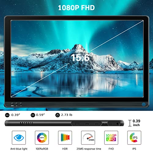 15.6" Portable Monitor for Laptop, FHD 1080P HDMI USB-C Ultra Slim Travel Monitor, IPS Blue Light Eye Care Computer Extender/Second/Dual Screen for PC Phone Mac Xbox PS4 Switch