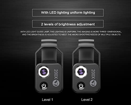 200X Phone Mini Pocket Microscope, with LED Light/Universal Clip, Portable Digital Microscope Camera Lens Attachments for Smartphone, Open up The microworld for Kids Adults (Black with CPL)