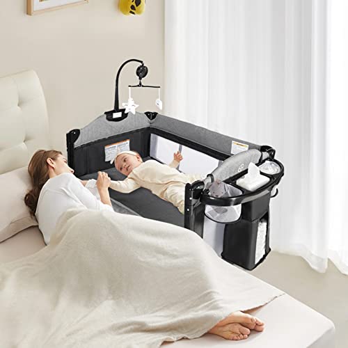 4 in 1 Portable Pack n Play, Baby Bedside Crib w/Bassinet, Folding Nursery Center Playard, Large Playpen for Infant and Toddler, Newborn Changing Table, Storage, Grey Basket, Side Zipper, Travel Bag