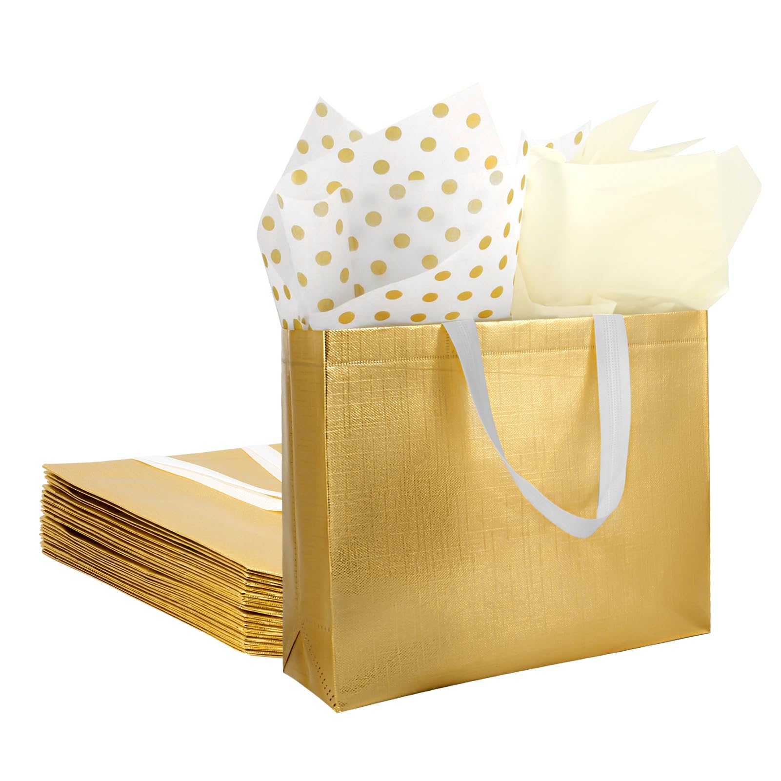 18pcs Gold Gift Bags with Tissue Paper, Shiny Gift Bags Large Size with Handles, Glossy Reusable Gift Bags for presents, Glitter Party Bag for Wedding Birthday Shower Christmas 12.7 x 4.7x11 inches