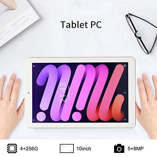 10in Tablet, Golden Tablet PC 4GB RAM 256GB ROM 1920x1080 5MP 8MP Camera 6000mAh Battery, Support WiFi, BT, GPS, Face Unlock and Storage Expansion