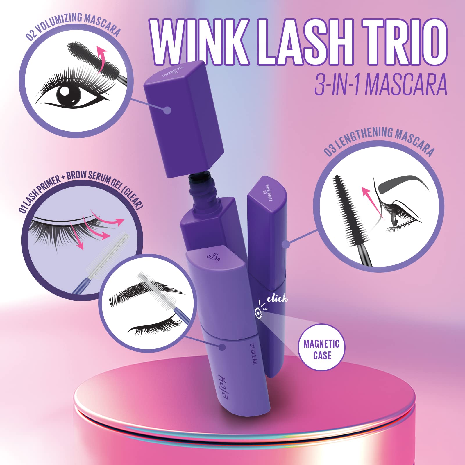 KAJA 3-in-1Mascara Set - Wink Lash Trio | with Panthenol, Clear Eye Serum, Volumizing, Intense Length and Thickening Mascaras, Black, Irritation Tested, Primer, Brow Gel, Long Lashes,