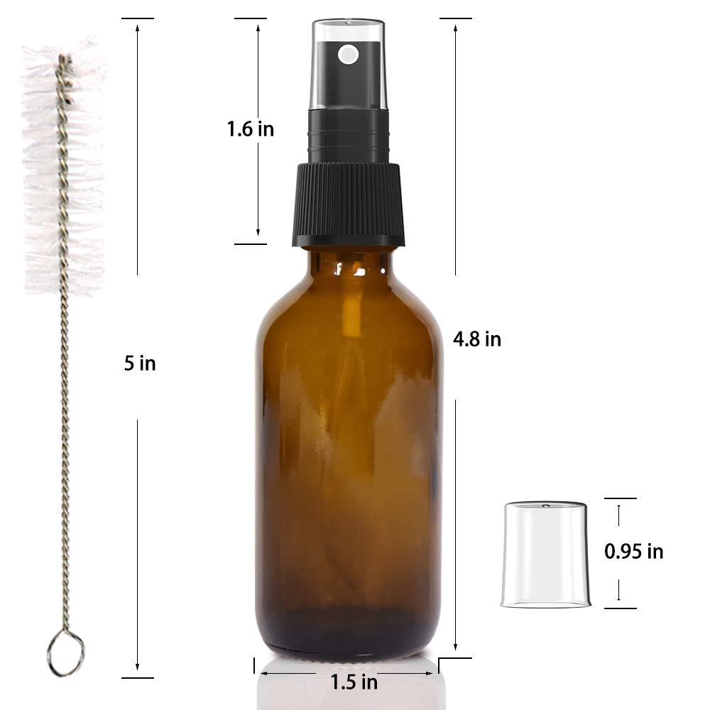 12 Pack, HwaShin 2oz Amber Glass Spray Bottles with Black Fine Mist Sprayers for Essential Oils, Perfumes & Aromatherapy (1 Brush, 2 Funnels, 3 Droppers, 2 Extra Nozzles, 24 Pieces Labels Included)