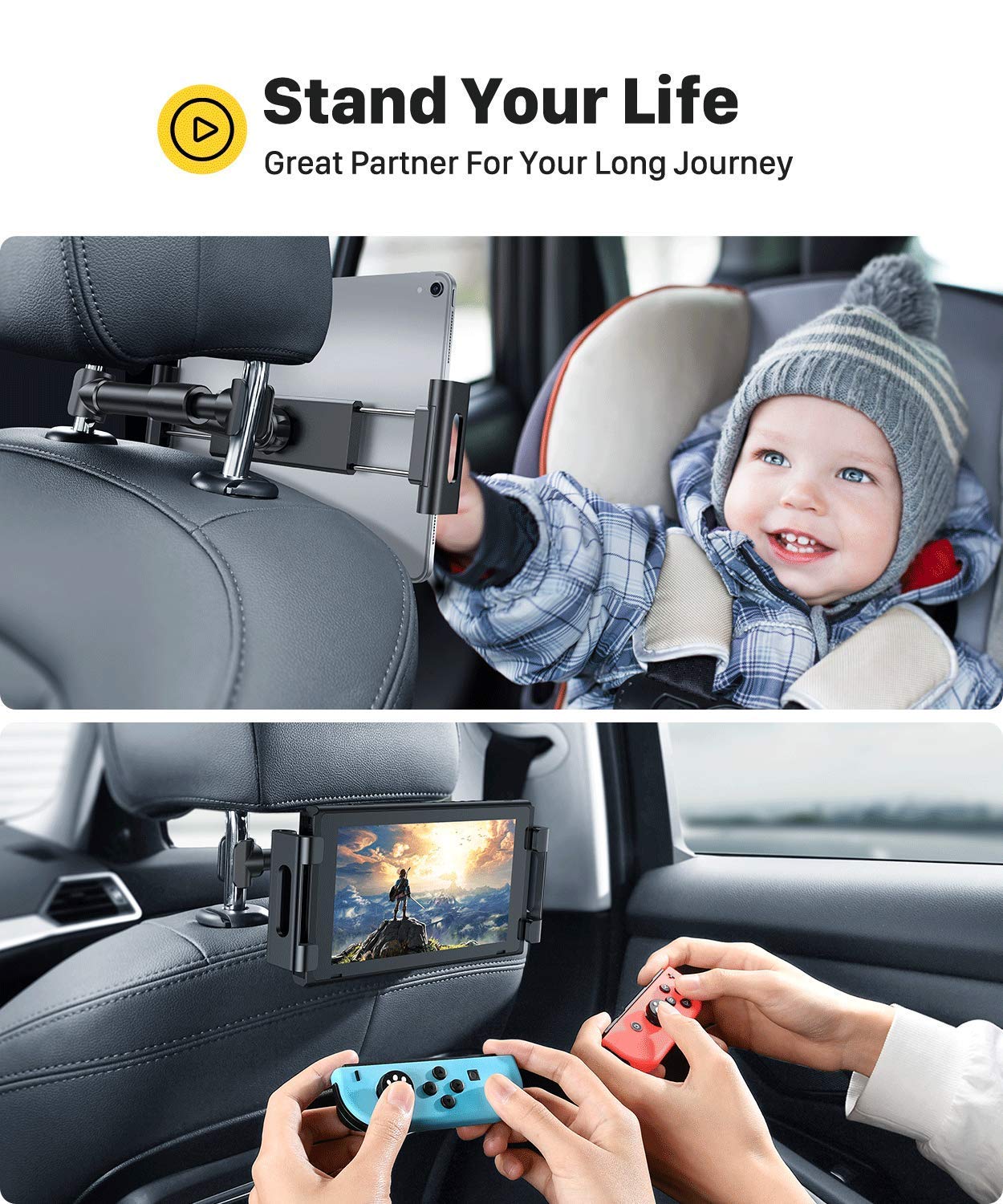 Bakel Portable Electronic Device Mount, Black, Compatible with iPhone, iPad, 6"-10" Tablets, 4.7"-8" Cell Phones, Fits Headrests 5.2in-5.7in Wide, Never Shakes, Hook 2 in 1