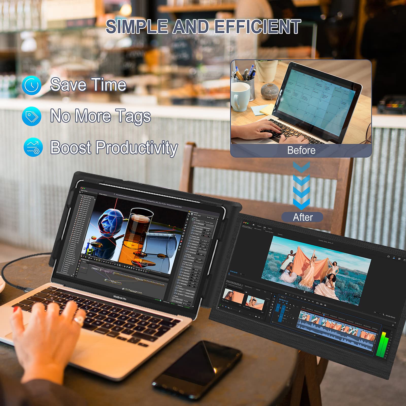 13.3inch Dual Portable Monitor, Laptop Screen Extender for 13.3-16 inch Mac Windows Notebook Phone