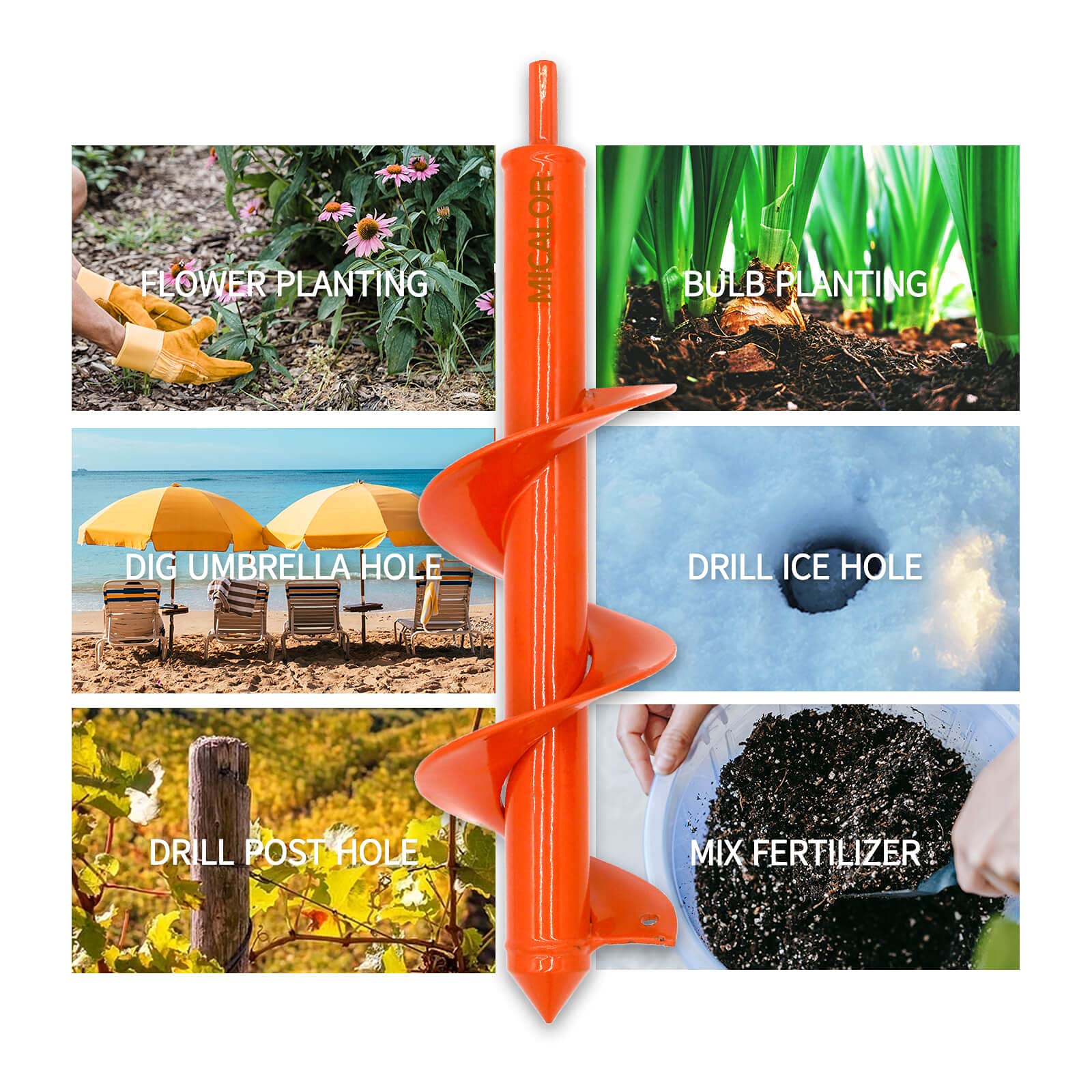 MICALOR Auger Drill Bit for Planting Set of 4, Garden Ground Earth Spiral Drill Bit for 3/8" Hex Drive Drill, Easy Bulb Auger for Post Hole Digger Flowers