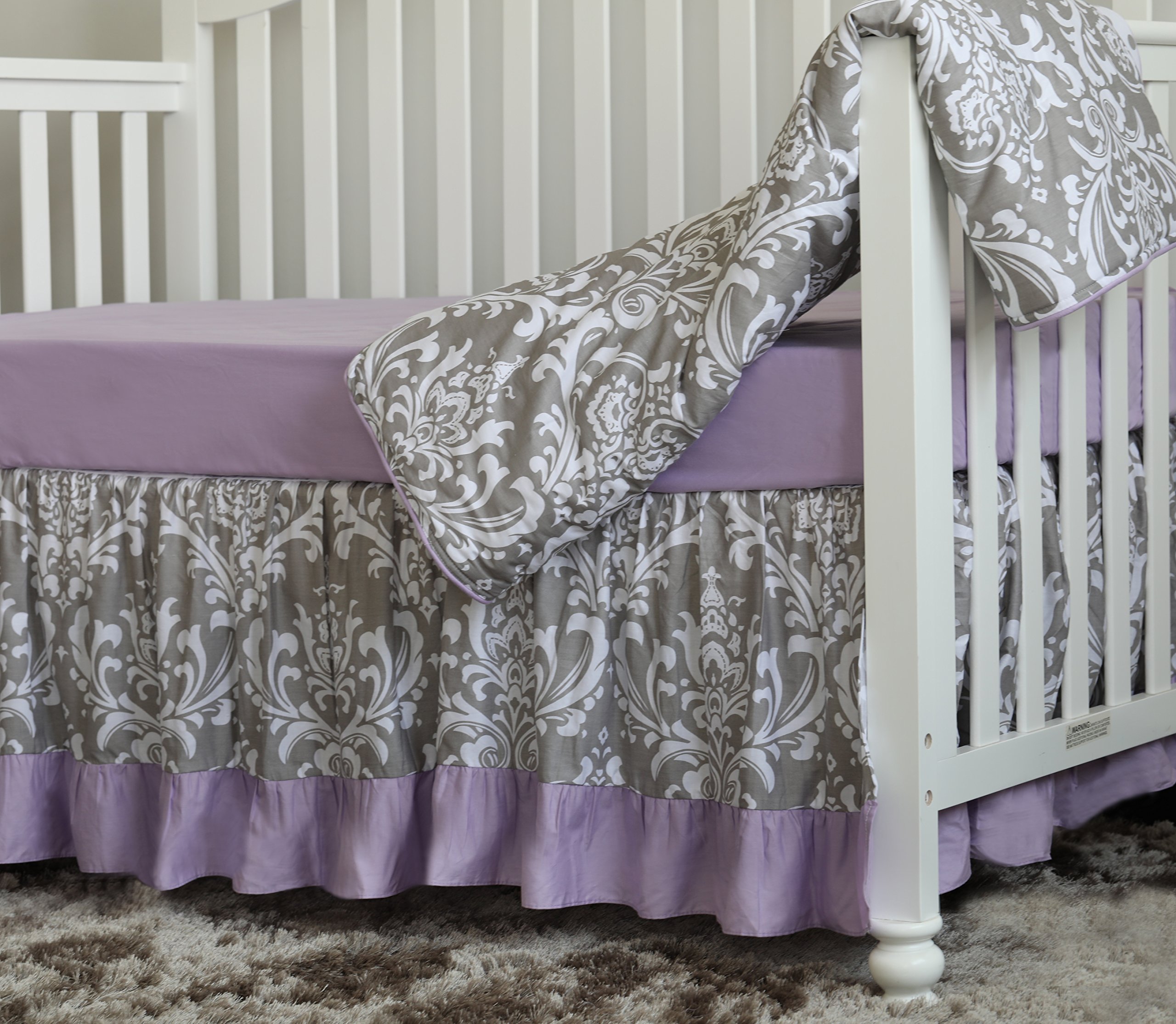 3 pcs Set Boho Floral Ruffle Baby Minky Blanket Baby Nursery Crib Skirt Set Baby Girl Crib Bedding (Grey Purple)