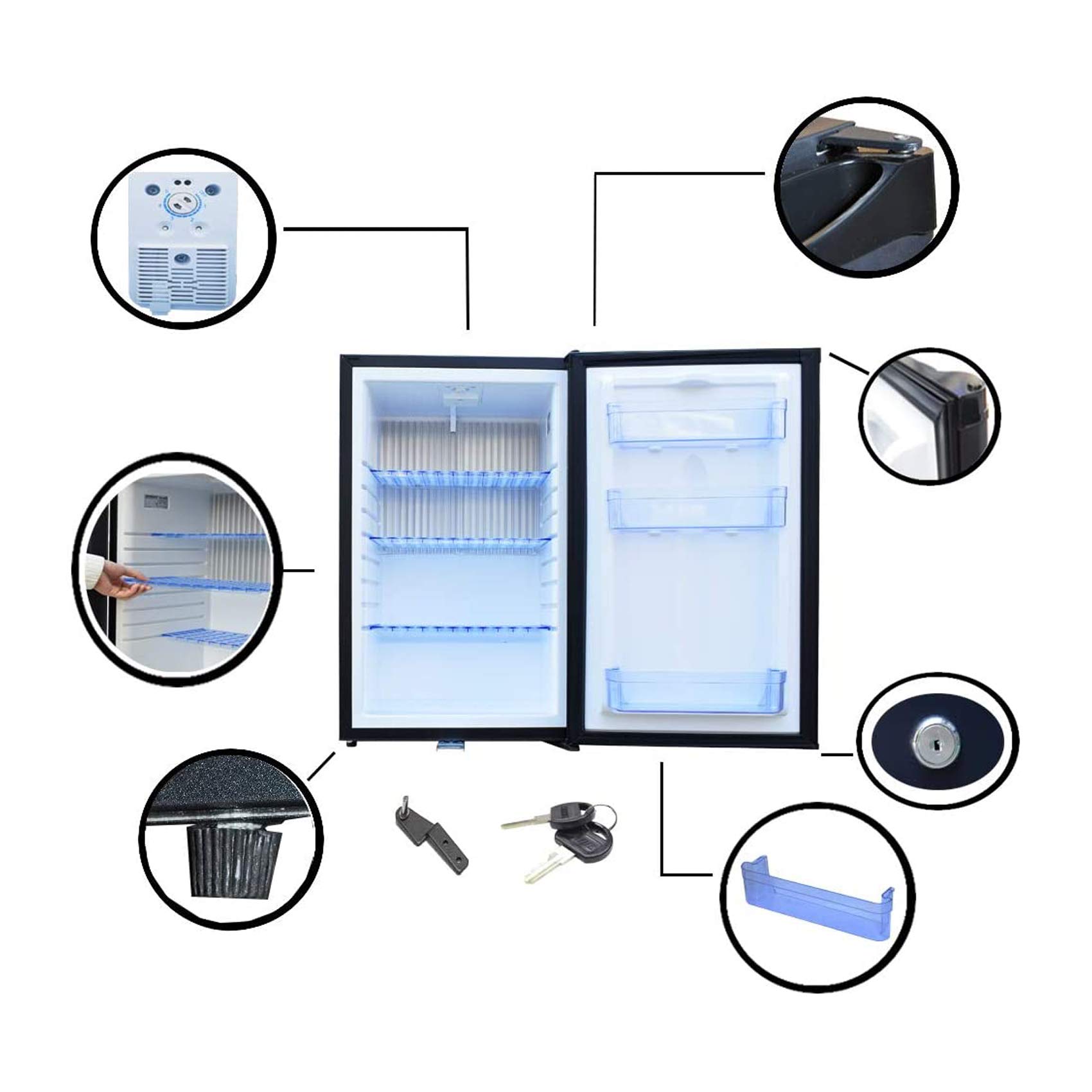 12V Mini Fridge With Lock and Key, 1.76 Cu. Ft Silent Lockable Refrigerator for RV Semi Truck, 12v/110v Small Cooler Quiet No Noise for Office Apartment Bedroom Marine Dorm Patio, Black