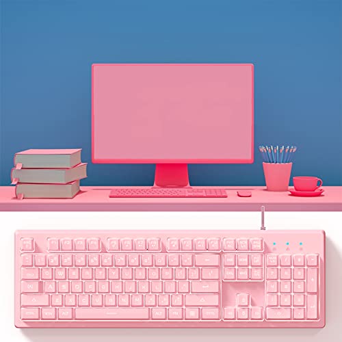 KECOP Baby Pink USB Wire Keyboard with Rainbow LED Backlight Full 104 keys Water-Resistant Mechanical Feeling Game Keyboard for Desktop, Computer, PC (Baby Pink)
