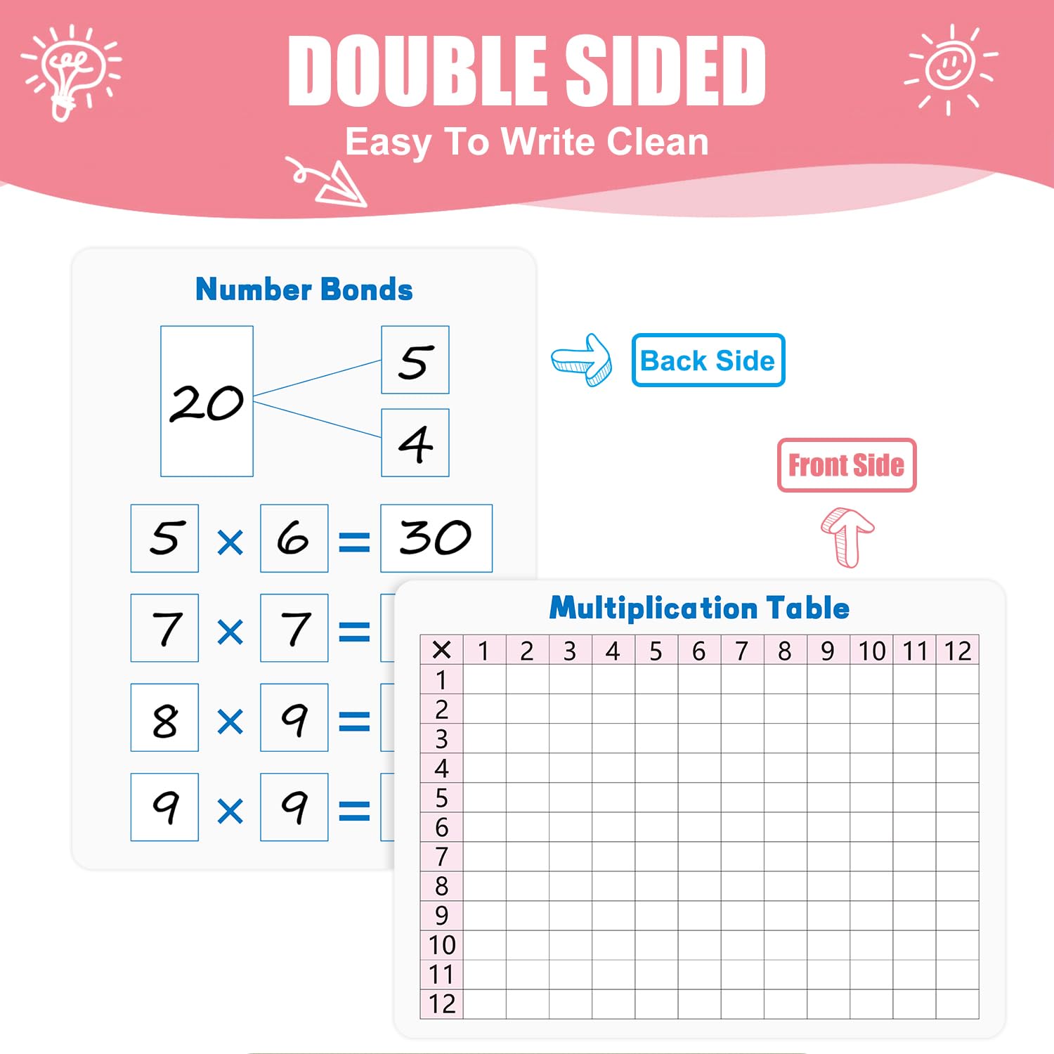 10 Pack Multiplication Chart Whiteboard Card - Double-Sided 9" x 12" Dry Erase Board, Math Manipulatives White Board for Kids Students, Classroom and Home Learning,Small White Board Card Dry Erase