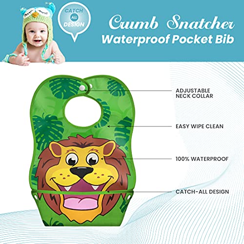 LA Baby Crumb Snatcher Waterproof Pocket Bib Large, Catch-All Pocket Design, 4-Pack (Tiger, Hippo, Frog, Dolphin)