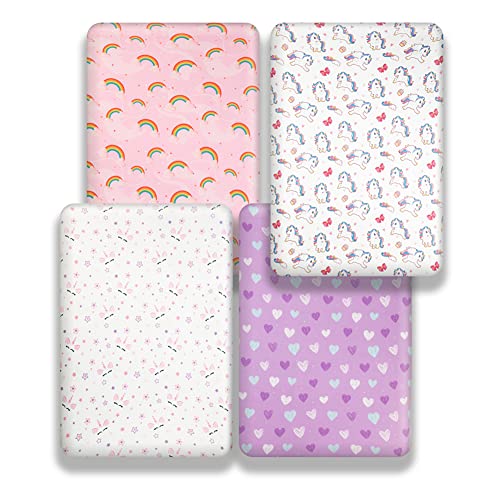 4 Pack Soft Baby Girl Crib Sheets for Standard Crib Mattress Unicron Rainbow Heart Cute Neutral Polyester Unisex Fitted Crib Sheets Set for Baby Girls