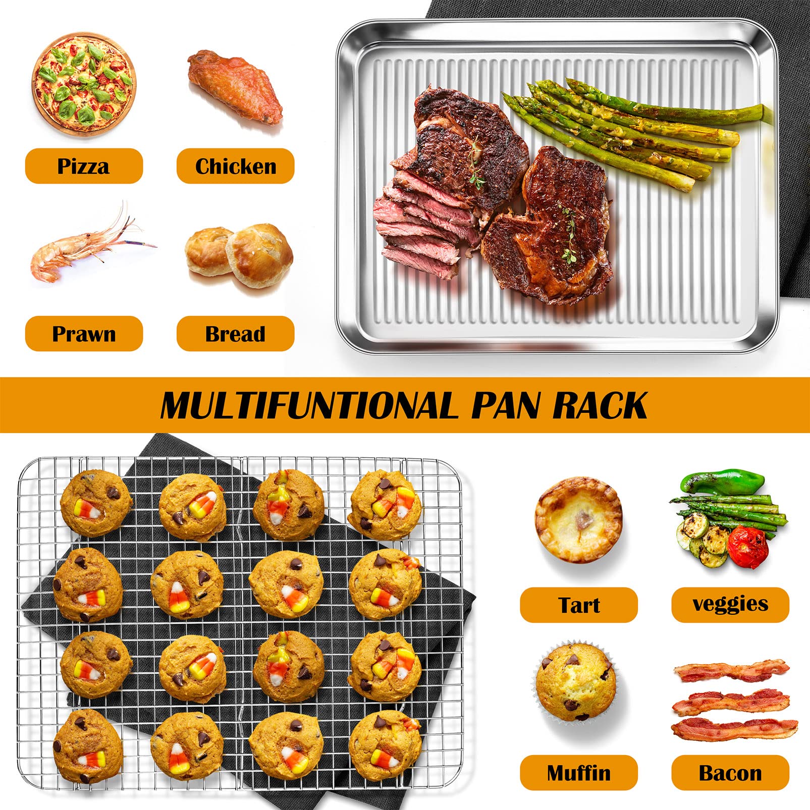 17.5 Inch Half Baking Cookie Sheet with Rack, P&P CHEF Stainless Steel Baking Pan Oven Tray and Cooling Rack for Cooking, Corrugated Bottom & Grid Rack, Healthy & Durable, 2Pcs (1 Pan +1 Rack)