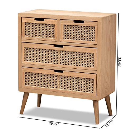 Baxton Studio Alina Medium Oak Finished Wood and Rattan 4-Drawer Accent Chest