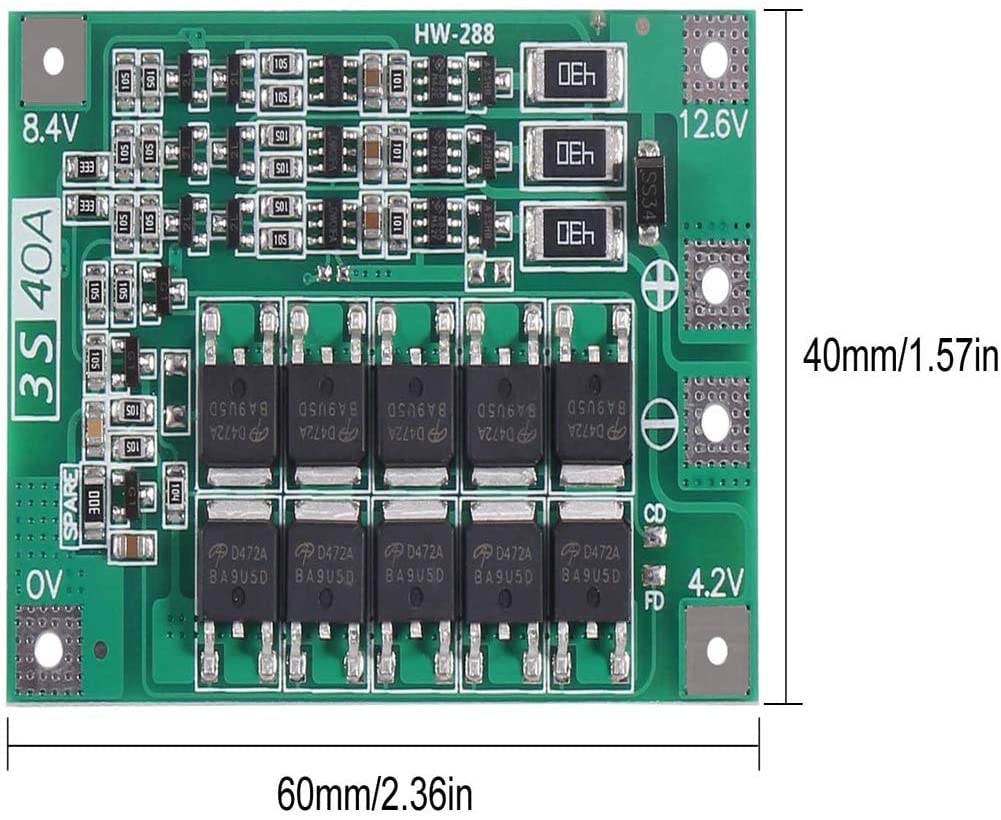 AOICRIE 3S 12V 40A PCB BMS Protection Board for 18650 Li-ion Lithium Battery Cell Module