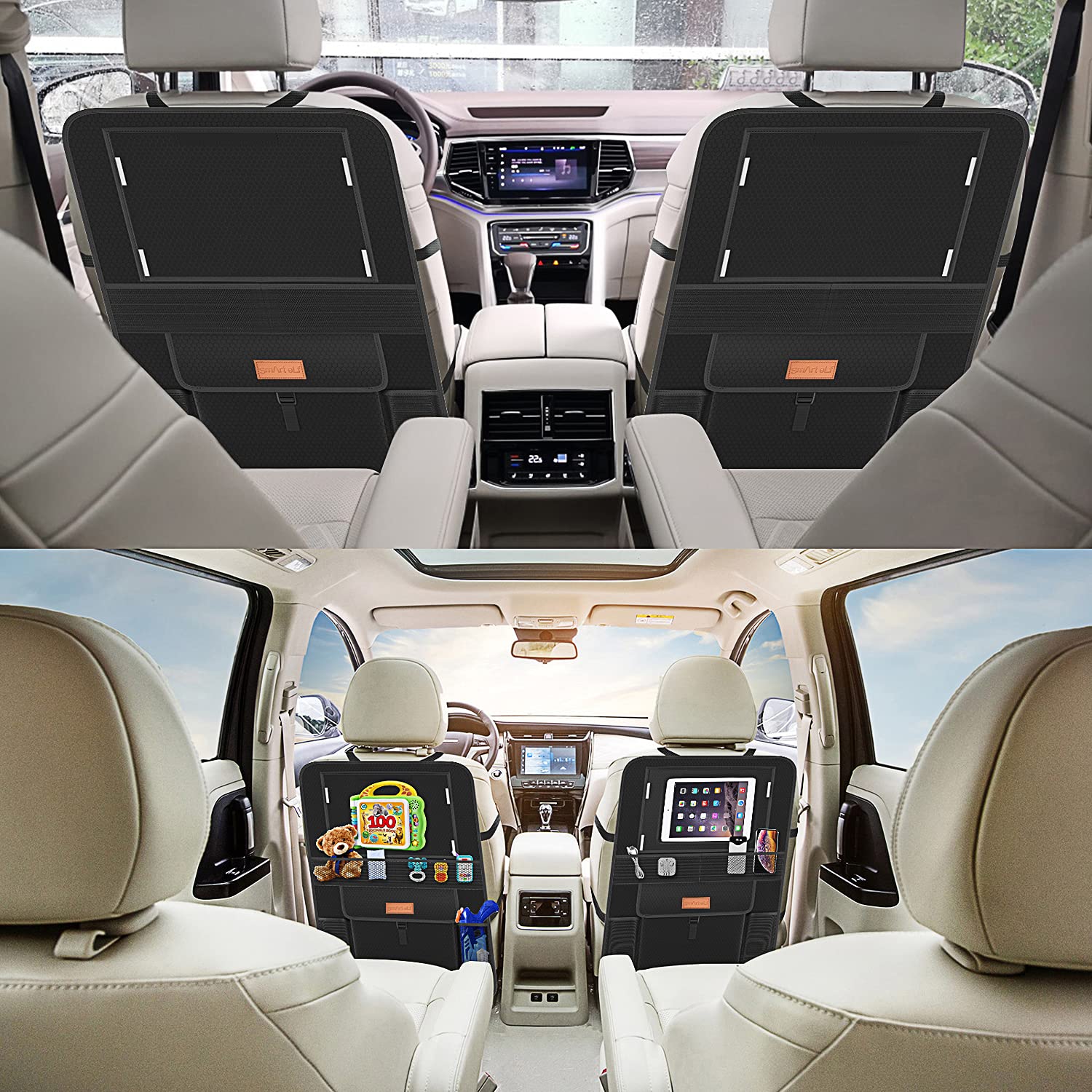 SMART ELF Backseat Car Organizer with iPad Holder + 6 Storage Pockets, Back Seat Protectors Kick Mats for Child Baby Kids, Premium Fabric with Sag Proof, Waterproof