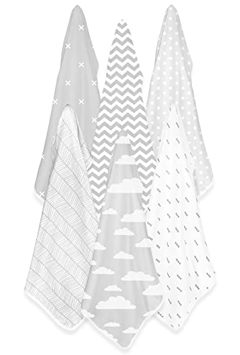 Baby Blankets – Soft Pure Cotton Blankets – 6 Pack of Breathable Swaddle Blankets – Unisex Baby Swaddle Blanket for Boys and Girls in Grey White Designs – Multi Use Blankey – 30 x 30 inches