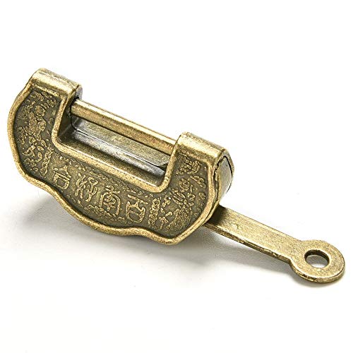 1Pc Vintage Antique Iron Jewelry Wooden Box Padlock Chinese Old Brass Padlock for Suitcase Drawer Cabinet + Key