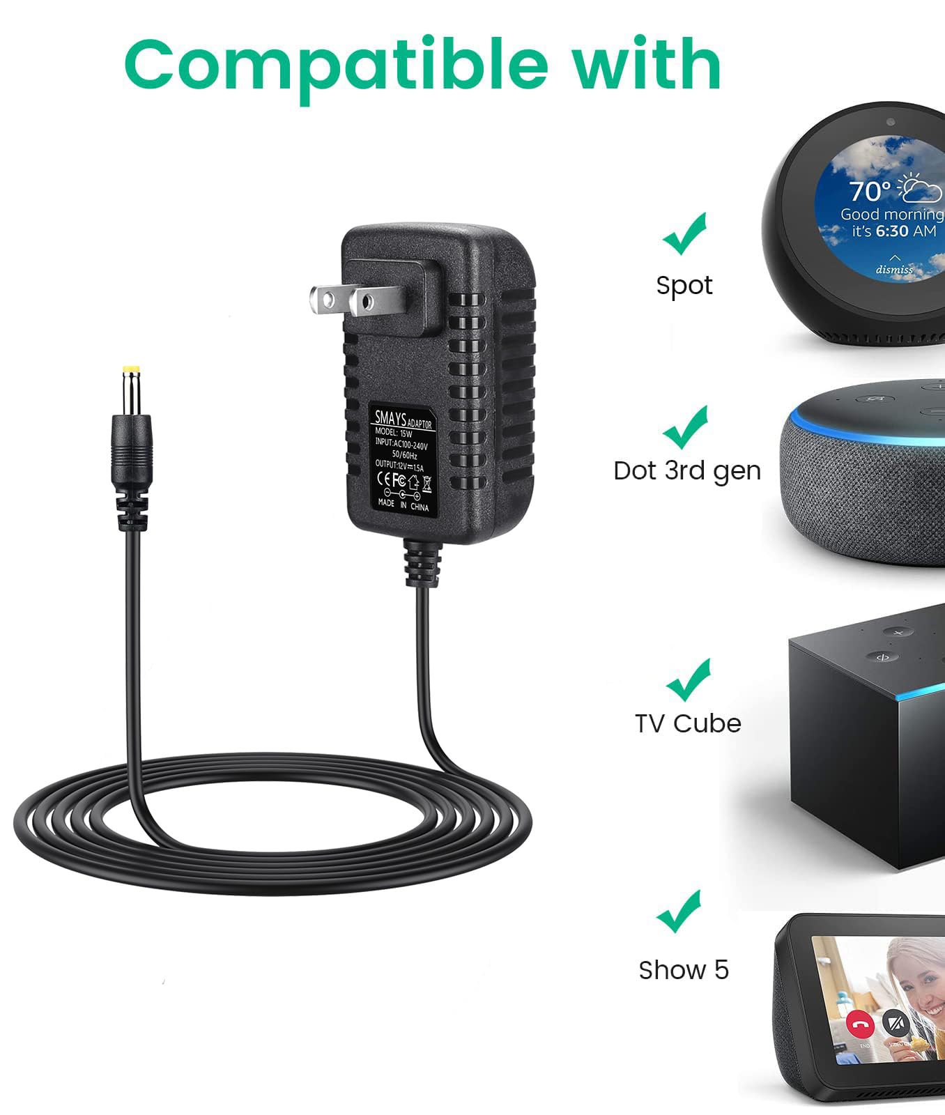 15W Power Cord Adapter Replacement for Alexa Echo Spot, Echo Dot 3rd Gen and 4th Gen