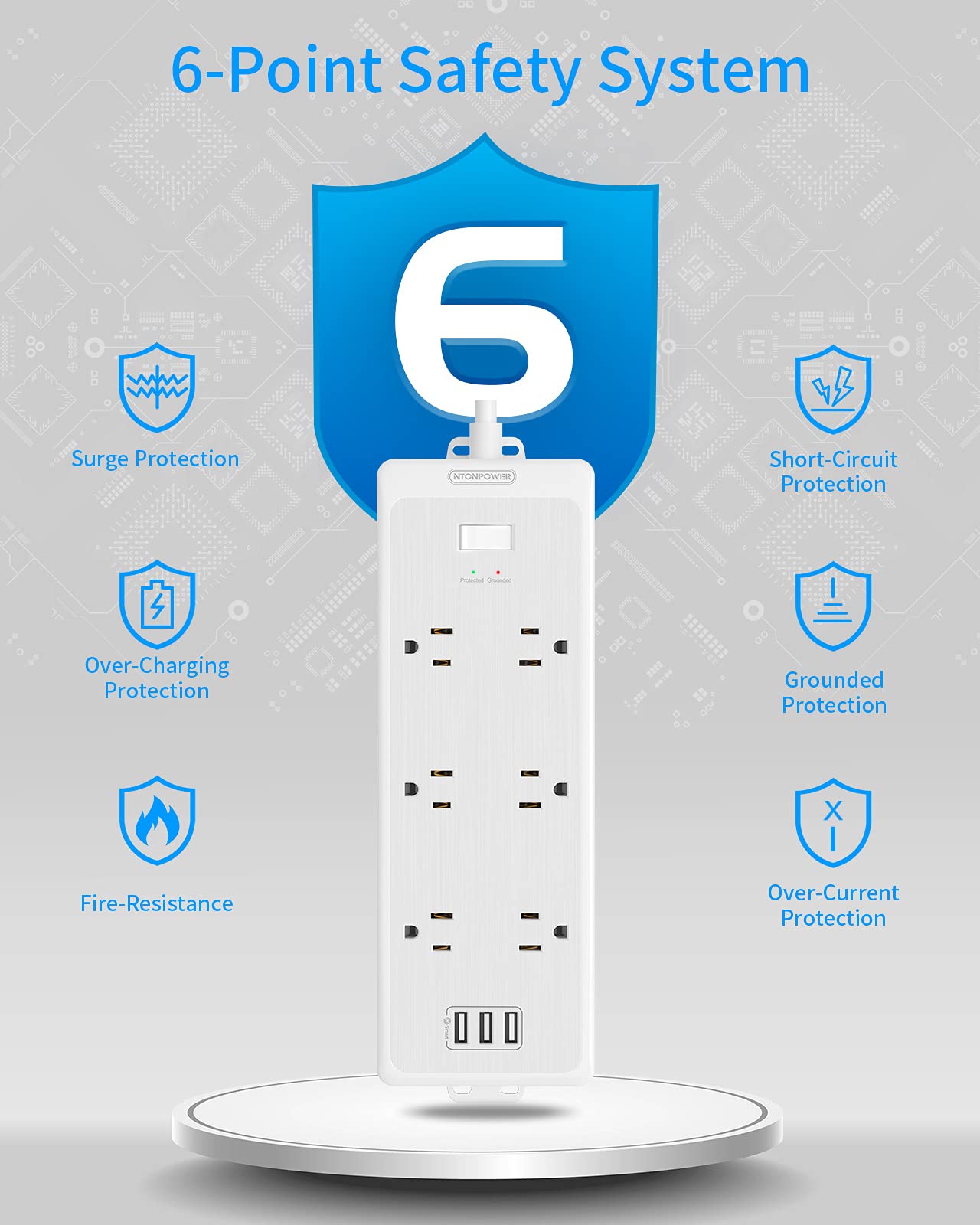 15 FT Extension Cord Surge Protector Power Strip 6 Super Wide Spaced Outlets, NTONPOWER Flat Plug Surge Protector Wall Mount with 3 USB, 1875W, 15A, 1700 Joules, Overload Protection for Home Office