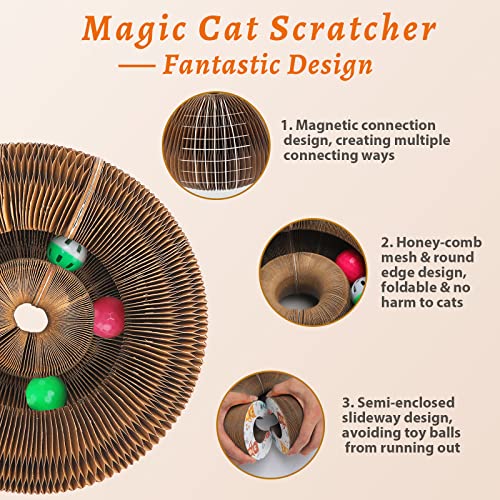 2pcs Magic Organ Cat Scratching Board with 4 Cat Ball Toys Foldable Cat Cordain Scratcher for Grinding Claw, Durable Interactive Cat Scratching Cardboard for Indoor Cats