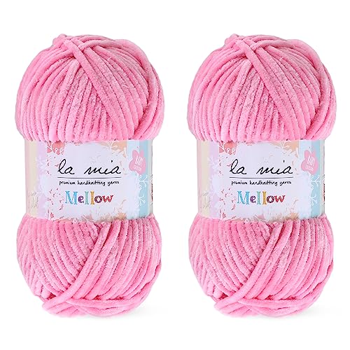 2 Skein La Mia Mellow Velvet Chenille Yarn for Knitting and Crocheting Baby Clothes, Blankets and Accessories, 100% Polyester, 100 gr (3.5 oz) / 115 m (125 Yards), Super Bulky, Pink - 914