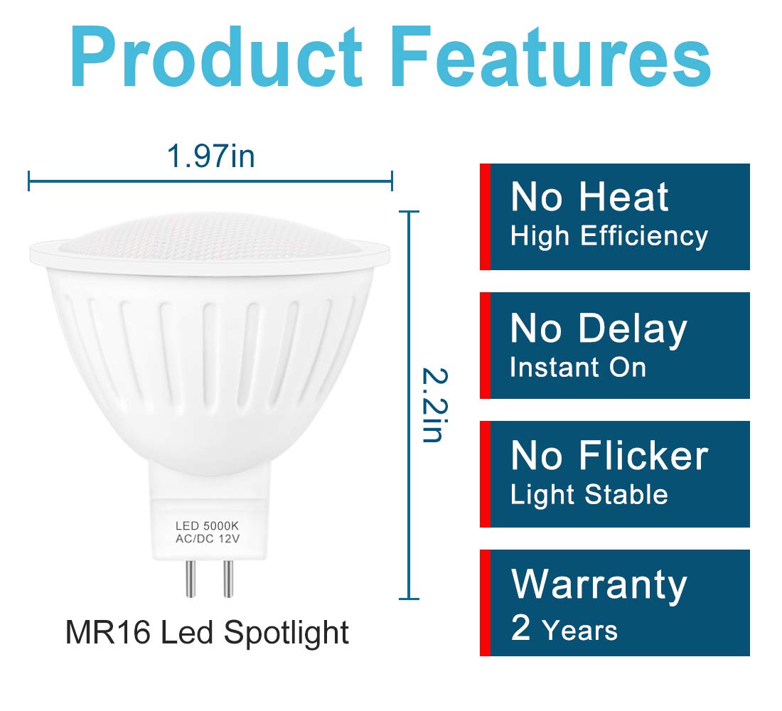 10 Pack MR16 LED Bulbs Non-Dimmable,GU5.3 LED Spotlight Bulbs,5000K -Kelvin Daylight White,7W 700LM,Energy Star,12V AC/DC,for Landscape,Recessed,Track Lighting