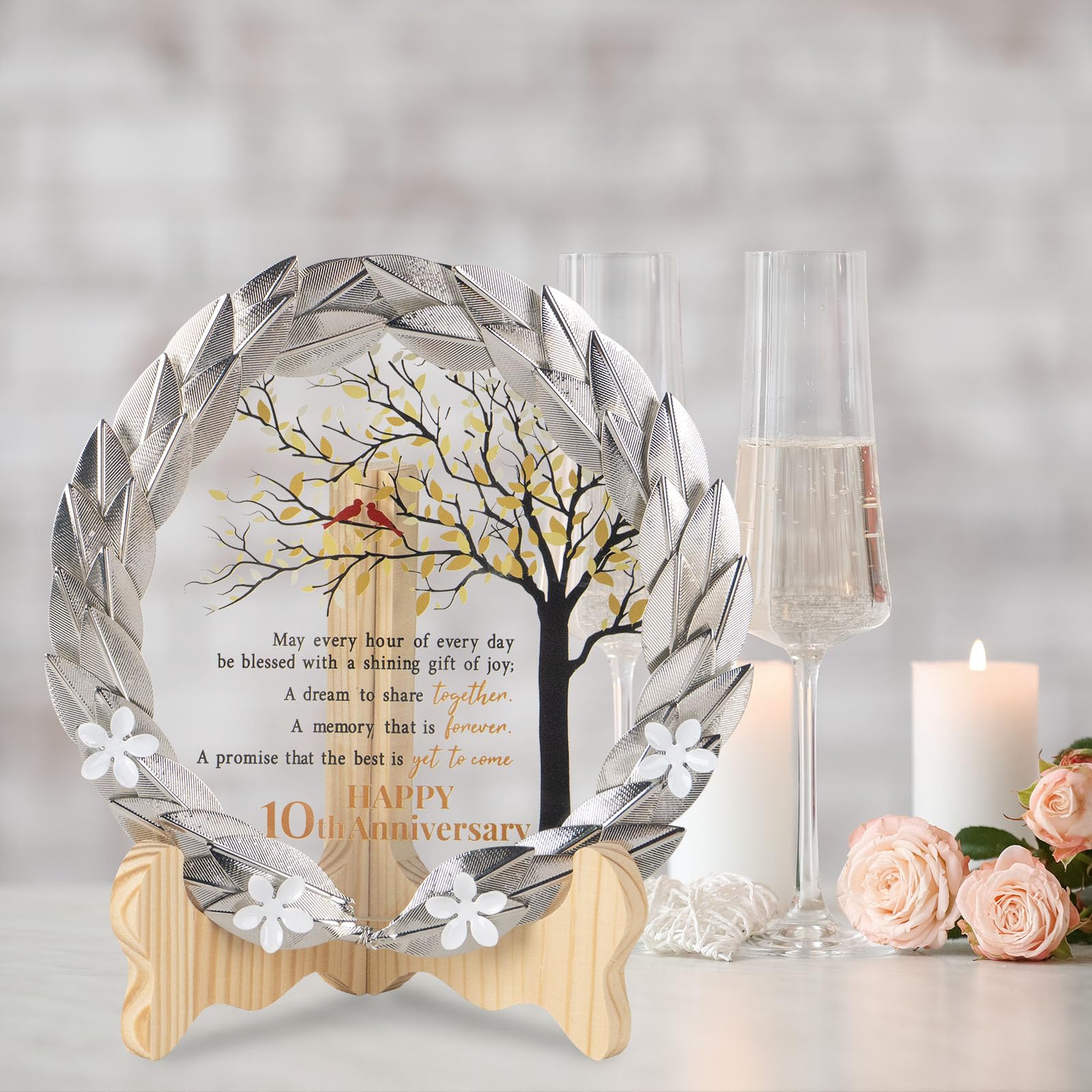 10 Year Tin Anniversary Wedding Gifts Crystal Plate with Gold Leaf Wreath - 10th Anniversary Wedding Gifts for Parents Couple - 10th Wedding Anniversary Unique Gift Ideas - Cardinal Style