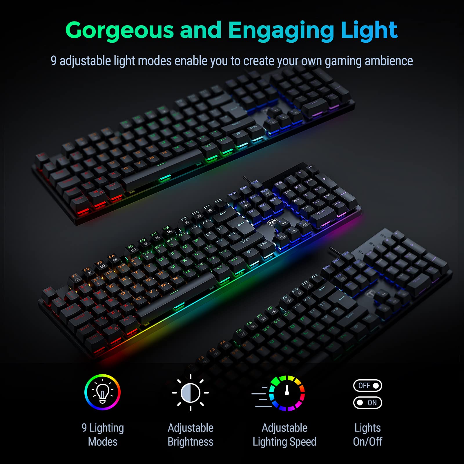 Mechanical Gaming Keyboard Full Size, Bllean LED Rainbow Backlit Ultra-Slim Wired Keyboard with Blue Switches, Full-Key Rollover, Ergonomic Water-Resistant USB Keyboard for Windows Mac Gaming
