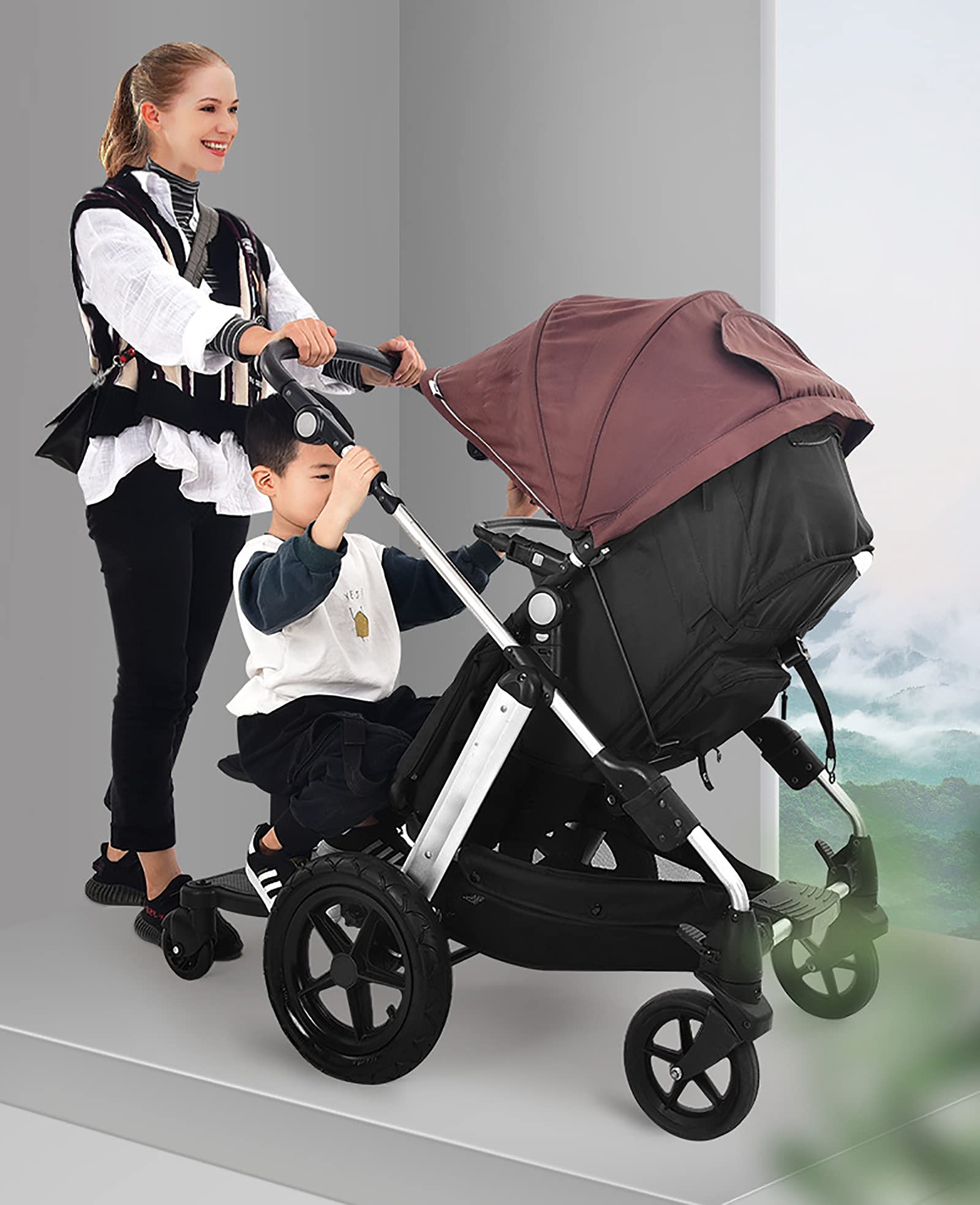 Gdrasuya10 55 x 33 x 36 cm Universal Pram Pedal Adapter, Comfort Wheeled Board Stroller Ride Board with Detachable Seat, Holds Children Up to 25kg