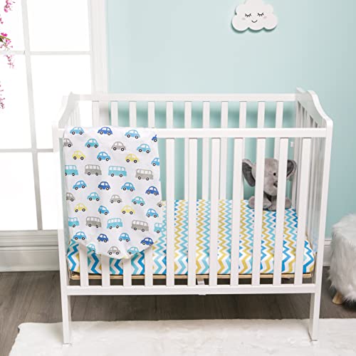 2 Pack n Play Mattress Sheets β 100% Jersey Knit Cotton Soft Portable Crib Mattress Sheets for Boys with Blue, Gray, Yellow Cars and Chevron Design; 2 Pc Playpen Mattress or Mini Crib Sheet Fitted Set