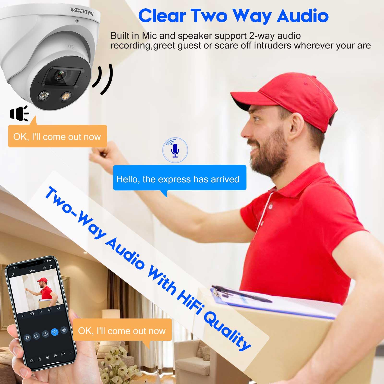 VIKYLIN 8MP IP POE AI Camera, Active Deterrence, 4K @30fps 98ft Night Color Vision F1.0,Vehicle & Human Detection, 2-Way Audio,SD(256GB),IP67 Security Wizsense Outdoor Turret Camera(GK3849)
