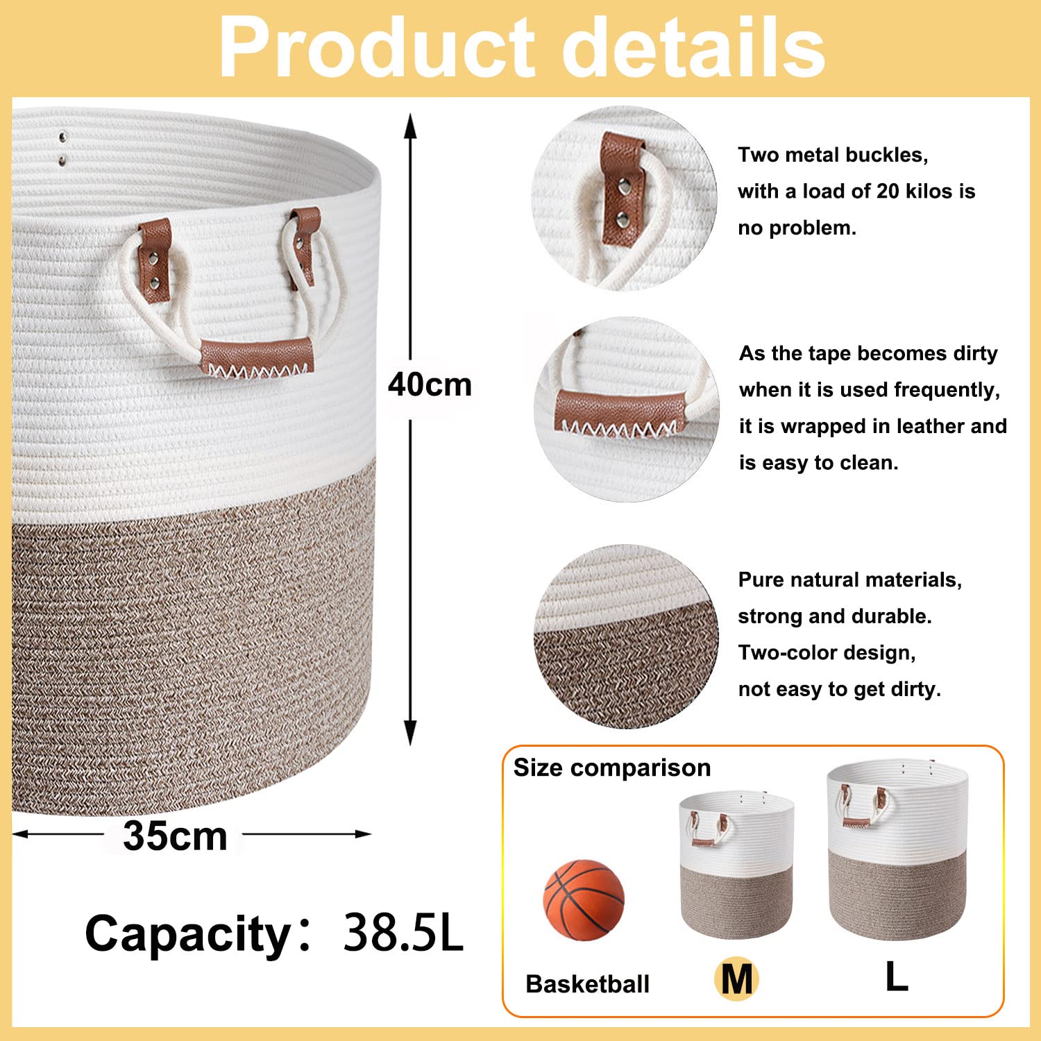 WSNYY Cotton Rope Basket, Storage Basket, Woven Laundry Hamper, Toy Storage Bin, Nursery Storage Basket, Baby Bin Organizer, White & Brown, 13.7x15.7 Inches