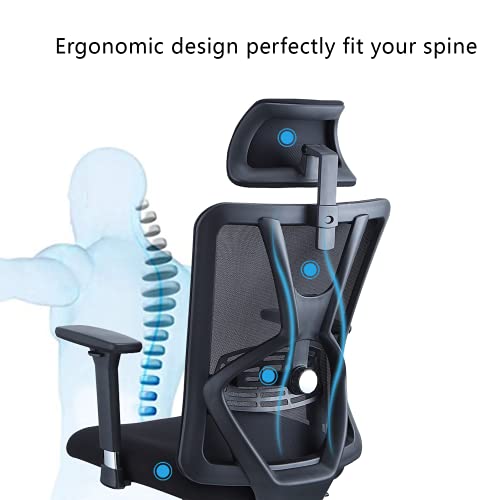 Ticova Ergonomic Office Chair - High Back Desk Chair with Adjustable Lumbar Support & 3D Metal Armrest - 130°Reclining & Rocking Mesh Computer Chair with Thick Seat Cushion & Rotatable Headrest