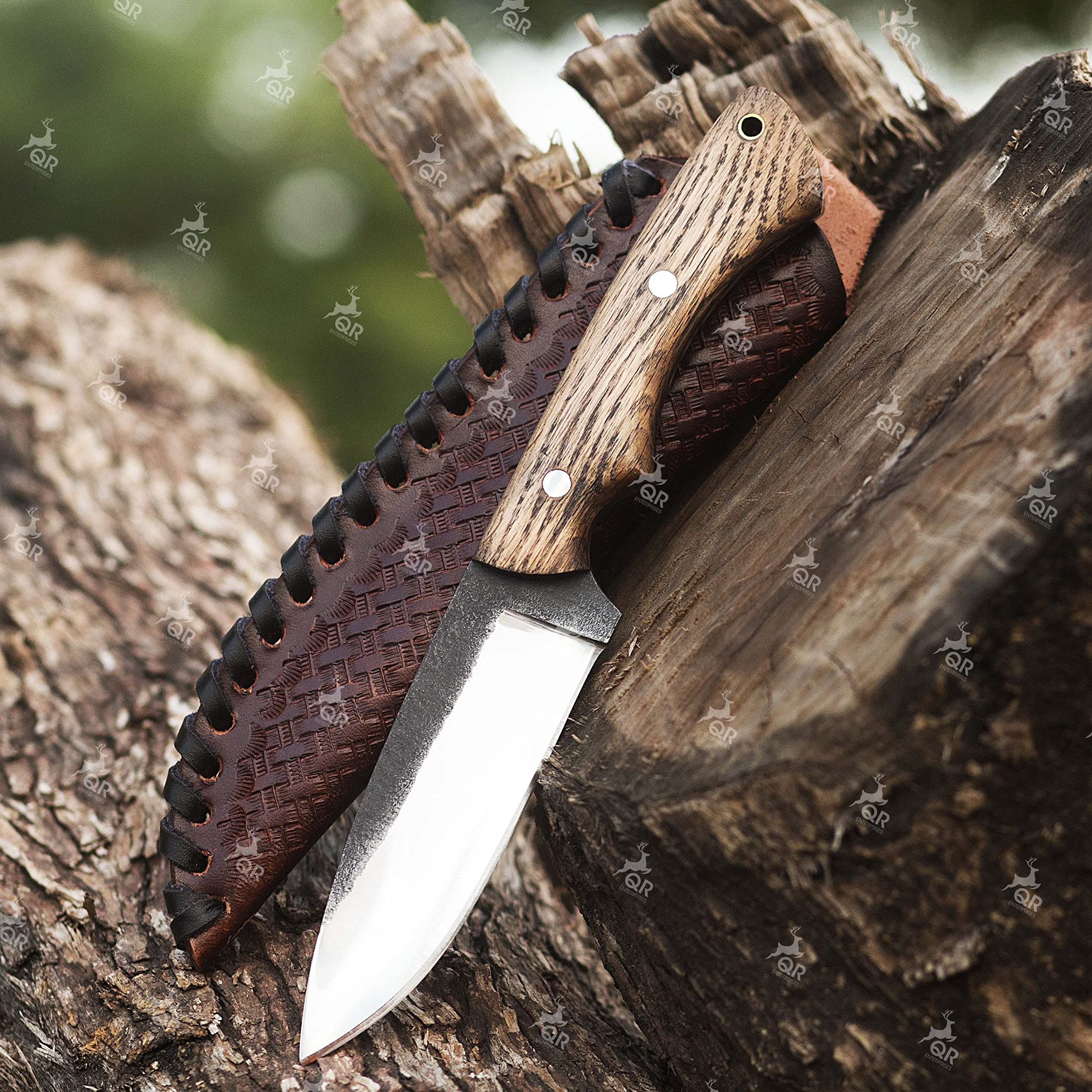 10'' Inch Fixed Blade Hunting Knife, Bushcraft, Survival, Outdoor, Skinning, Camping Full Tang Knife With Leather Sheath. (Oak Wood)