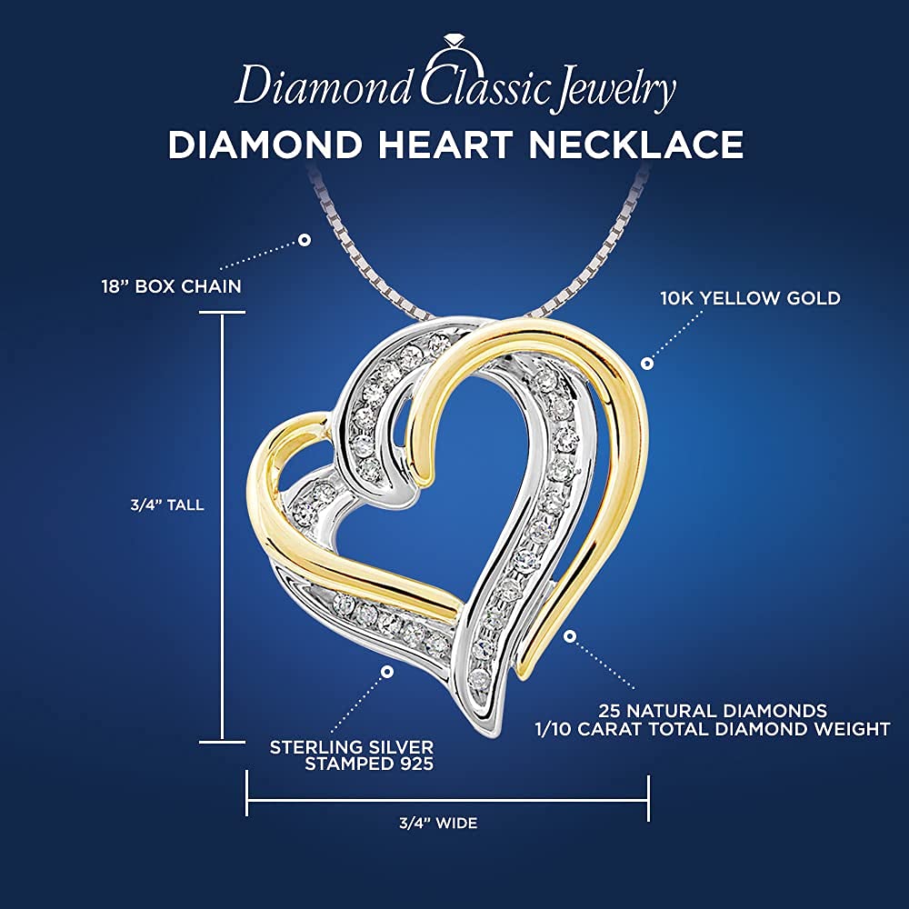 10k Solid Yellow Gold and Sterling Silver Diamond Double Heart Pendant Necklace 1/10 cttw Natural Diamonds - 18 Inch Box Chain