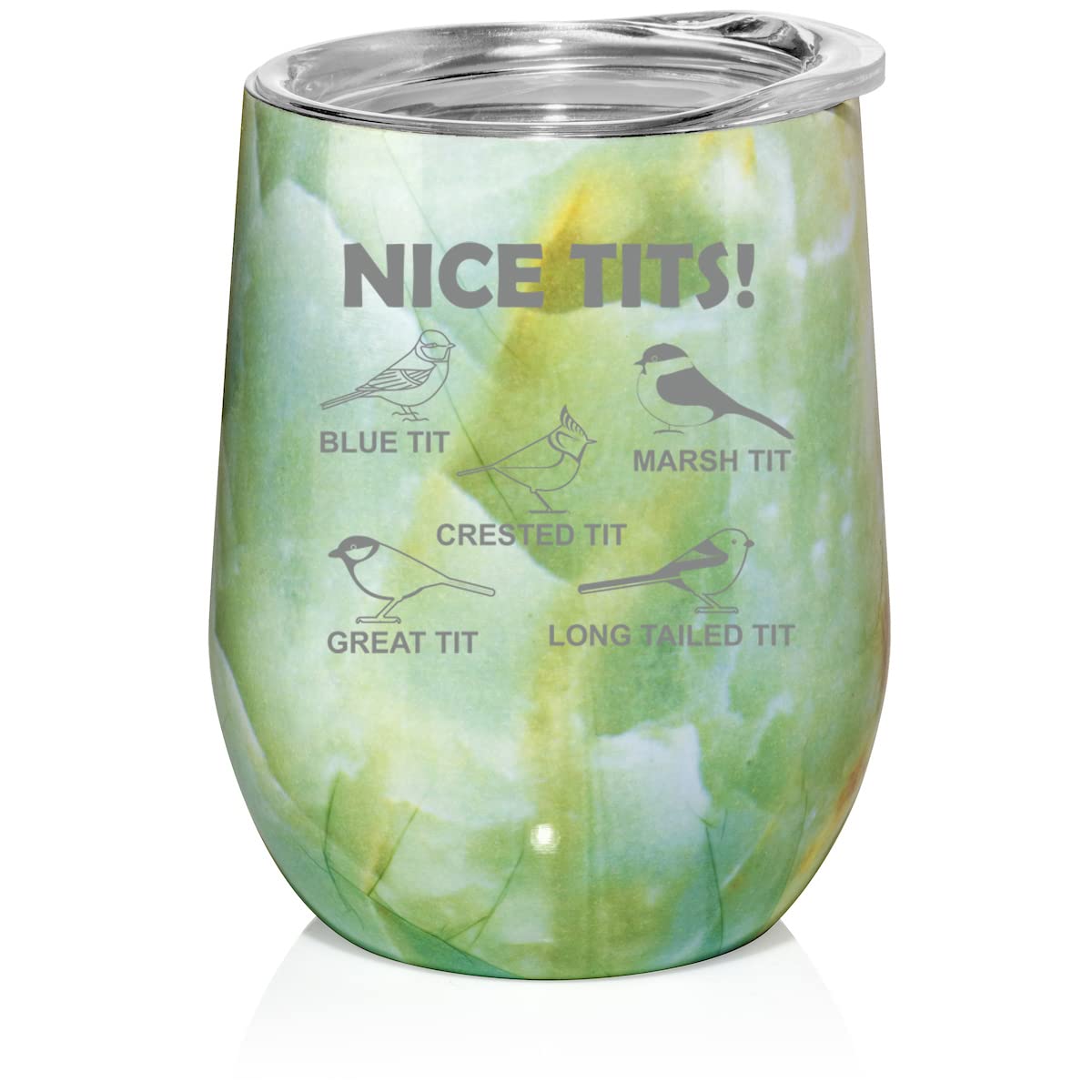 12 oz Double Wall Vacuum Insulated Stainless Steel Stemless Wine Tumbler Glass Coffee Travel Mug With Lid Nice Tits Funny Bird Watcher Lover Tit Birds (Turquoise Green Marble)
