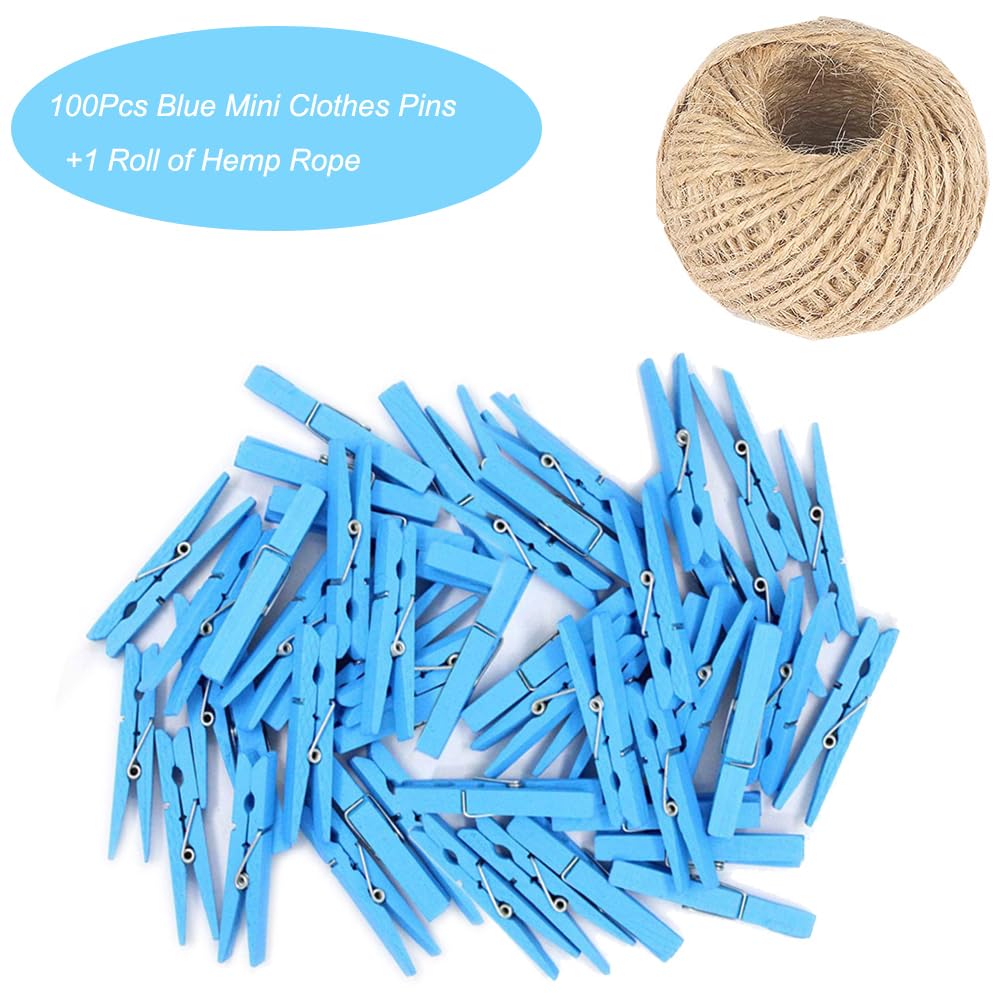 100 pcs Mini 25mm Natural Wooden Clips Photo Clips Clothespin DIY Wedding Party Wooden Clip Clips Pegs with 98 FT Jute Twine String(Blue)
