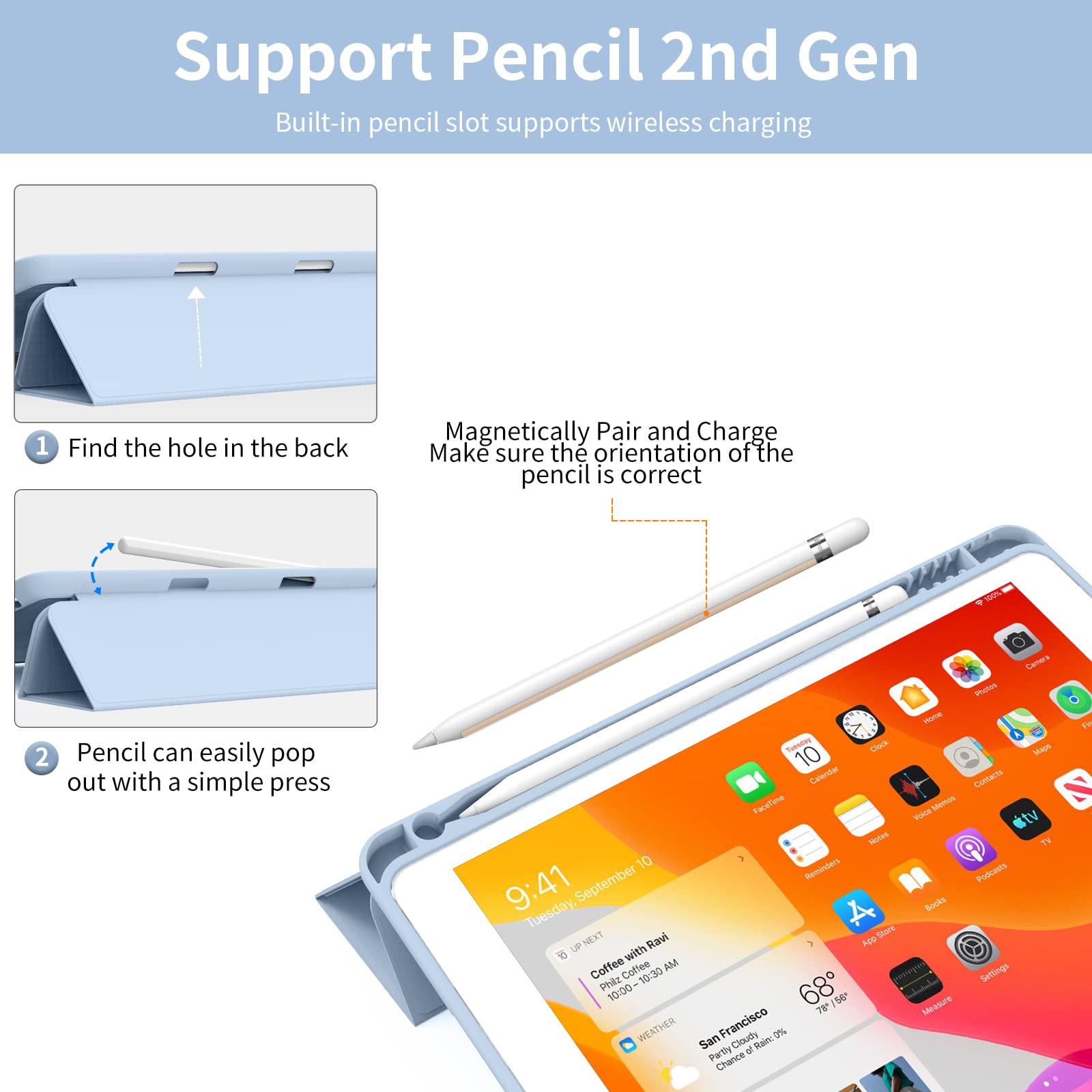 Aoub Case for iPad 6th Generation 2018/iPad 5th Generation 2017 9.7 inch, with Pencil Holder, Auto Sleep/Wake, Soft TPU Back Slim Lightweight Trifold Stand Smart Cover for iPad 9.7 6/5 Case- Sky Blue