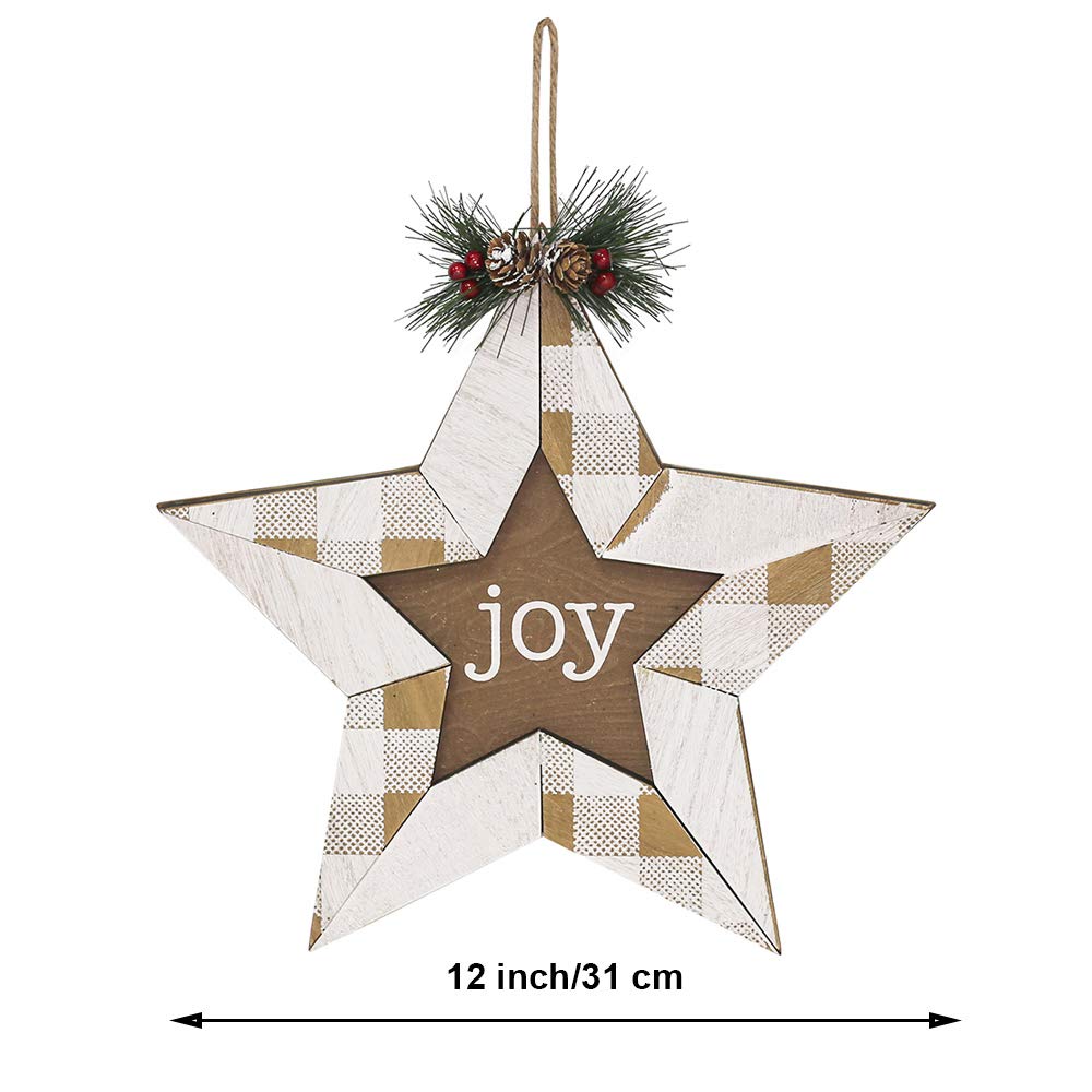 12 Inch Wood Hygge Christmas Decoration Hanging Star Sign Wall Art with Words (Joy)