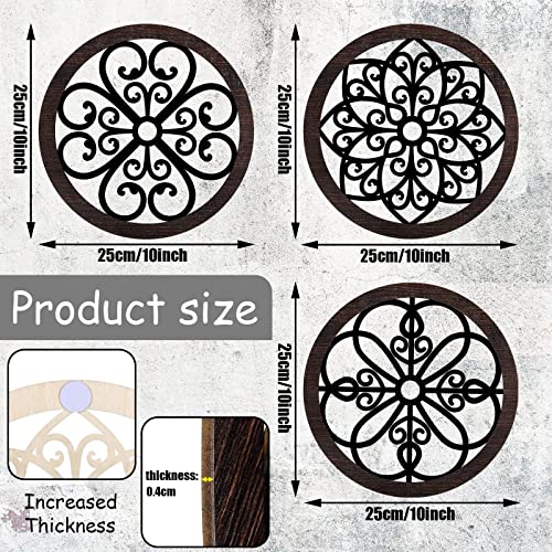4 Pieces Thicken Rustic Wall Decor Farmhouse Wall Art Decor Wooden Hollow Carved Design Rustic Round Wall Art for Living Room Bedroom Hallway Decor Office Kitchen Wall Decoration (Black, Brown)