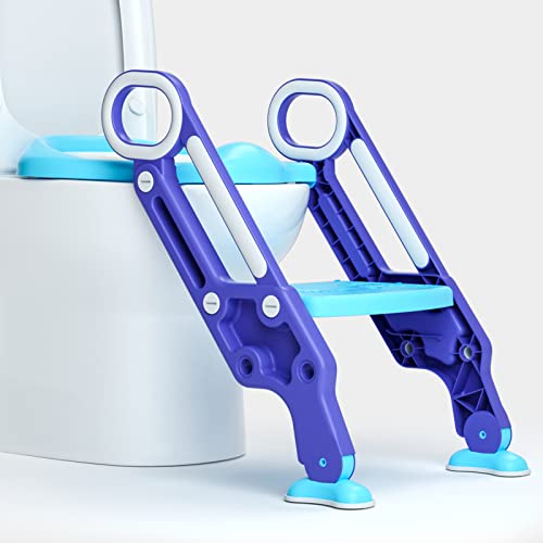 Potty Training Toilet Seat with Step Stool Ladder for Boys and Girls Baby Toddler Kid Children Toilet Training Seat Chair with Handles Padded Seat Non-Slip Wide Step(Blue Violet Upgrade)