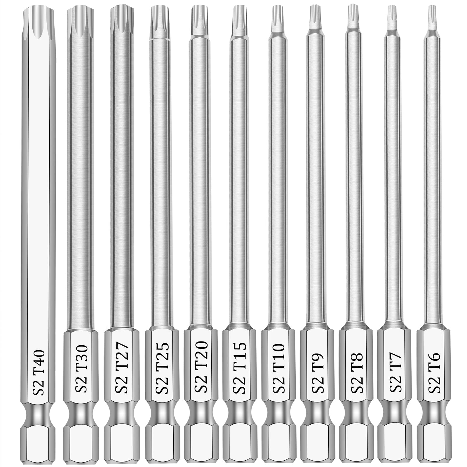 11 Piece Security Torx Bit Set (T6-T40), 1/4 Inch Hex Shank S2 Steel Magnetic Tamper Proof star screwdriver bit set 4" Long