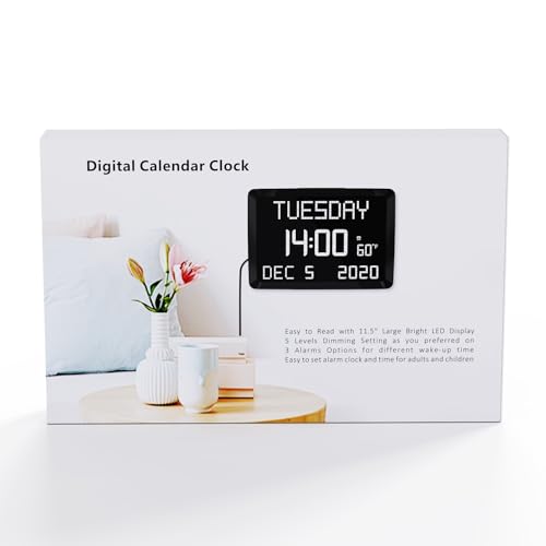 11.5โ Digital Wall Clock with Date,Time,Week,Indoor Temperature,3 Alarms,5 Dimmer,2 USB Chargers,Battery Backup,Snooze,12/24H for Elderly,Parents,Impaired Vision,Dementia,Memory Loss,Office,Bedroom