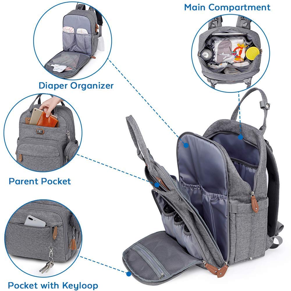 Dikaslon Diaper Bag Backpack, Stroller Hooks, Large Unisex Baby Bags with Changing Pad, Pacifier Case and Universal Stroller Clips for Mom Dad