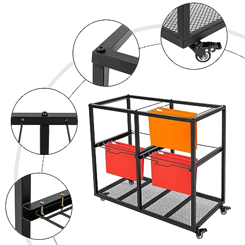 2 Tiers 4 Compartments Rolling File Carts with Wheels, Heavy Duty Rolling Pull-Out File Folder Rack Drawer File Cabinet for Home Office, Hanging Files for Letter Size